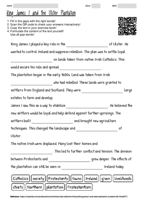 Worksheet with the topic "King James I and the Ulster Plantation ...