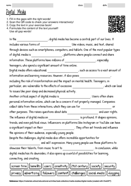Worksheet with the topic "Digital Media" | MATERIALS.SCHOOL
