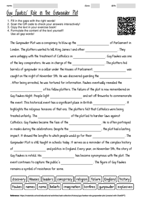 Worksheet with the topic "Guy Fawkes' Role in the Gunpowder Plot ...