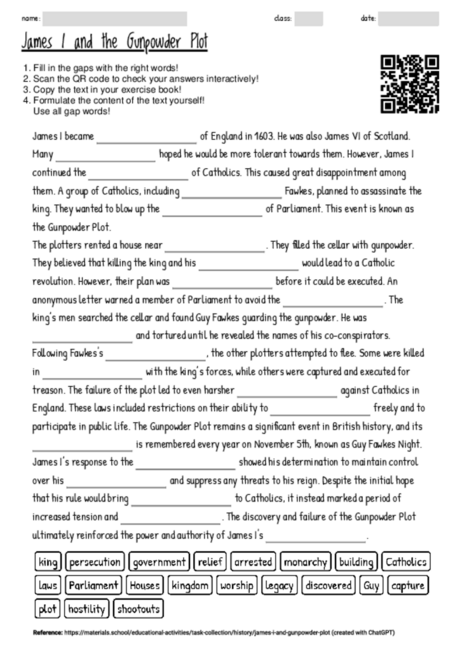 Worksheet with the topic "James I and the Gunpowder Plot" | MATERIALS ...