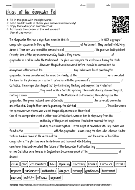 Worksheet with the topic "History of the Gunpowder Plot" | MATERIALS.SCHOOL