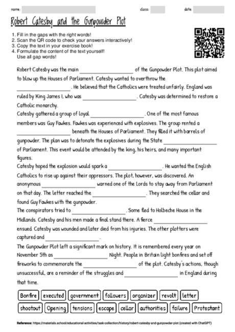 Worksheet with the topic "Robert Catesby and the Gunpowder Plot ...