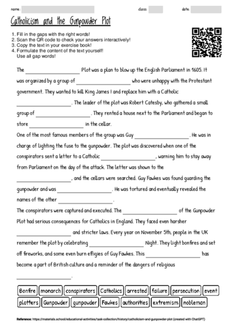 Worksheet with the topic "Catholicism and the Gunpowder Plot ...