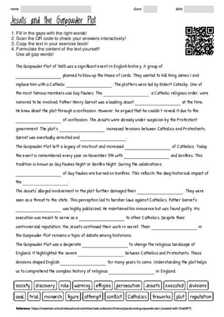 Worksheet with the topic "Jesuits and the Gunpowder Plot" | MATERIALS ...