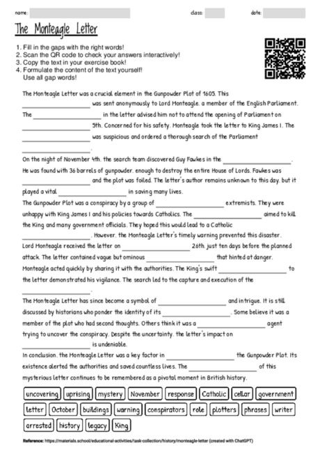 Worksheet with the topic "The Monteagle Letter" | MATERIALS.SCHOOL