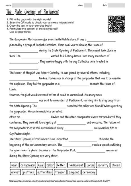 Worksheet with the topic "The State Opening of Parliament" | MATERIALS ...