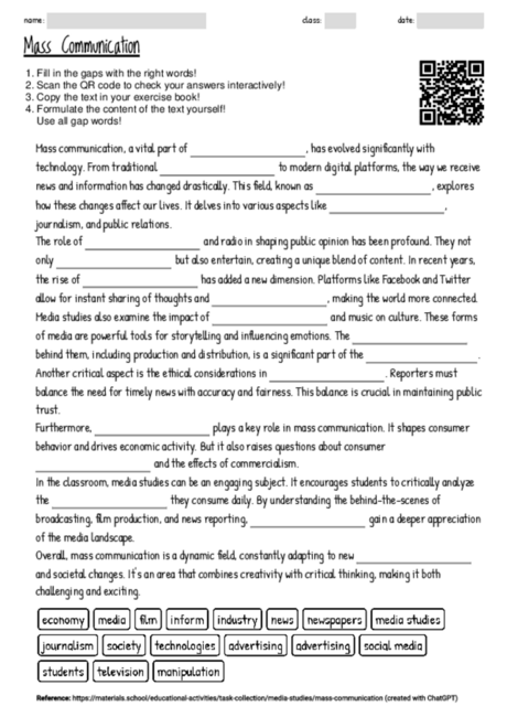 Worksheet with the topic "Mass Communication" | MATERIALS.SCHOOL