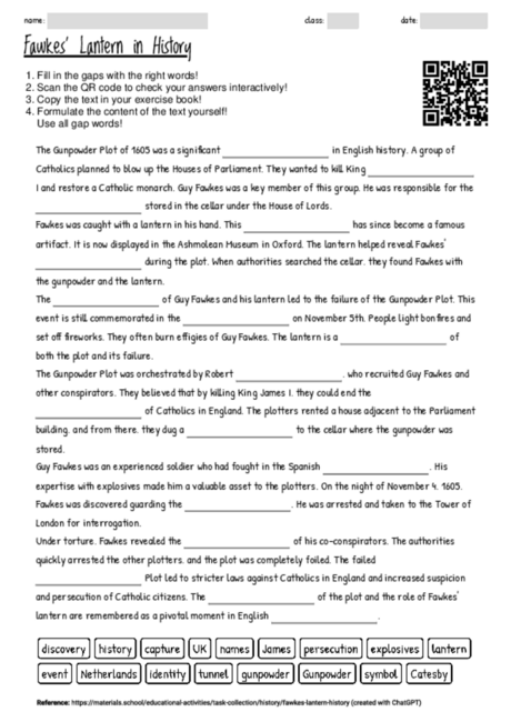 Worksheet with the topic "Fawkes' Lantern in History" | MATERIALS.SCHOOL