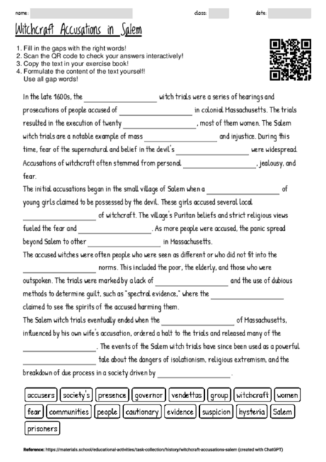 Worksheet with the topic "Witchcraft Accusations in Salem" | MATERIALS ...