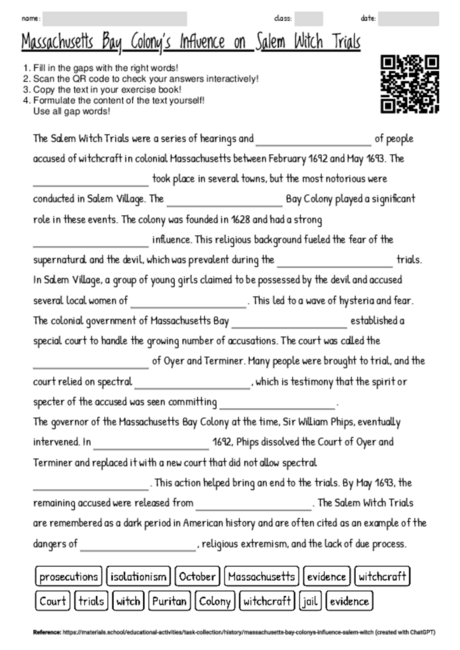 Worksheet with the topic "Massachusetts Bay Colony's Influence on Salem ...