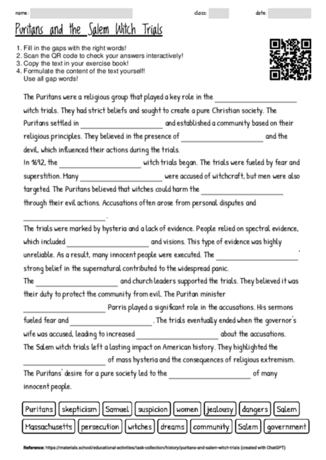 Worksheet with the topic "Puritans and the Salem Witch Trials ...
