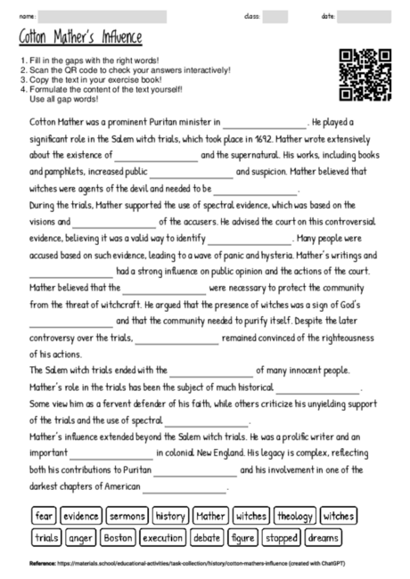 Worksheet with the topic "Cotton Mather's Influence" | MATERIALS.SCHOOL