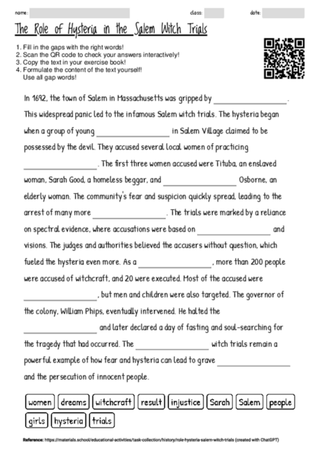 Worksheet with the topic "The Role of Hysteria in the Salem Witch ...