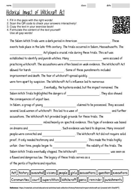 Worksheet with the topic "Historical Impact of Witchcraft Act ...