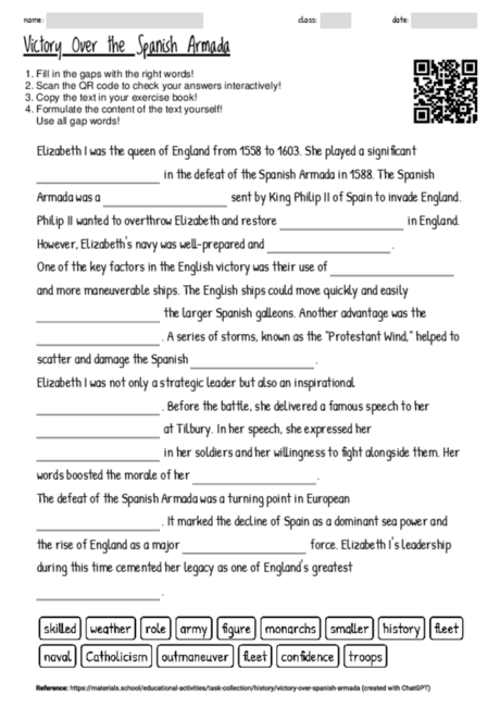 Worksheet with the topic "Victory Over the Spanish Armada" | MATERIALS ...