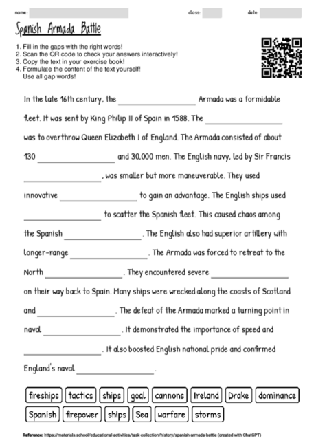 Worksheet with the topic "Spanish Armada Battle" | MATERIALS.SCHOOL