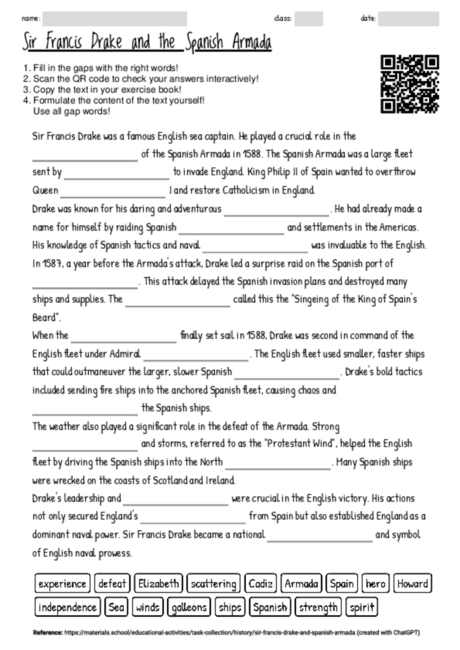 Worksheet with the topic "Sir Francis Drake and the Spanish Armada ...