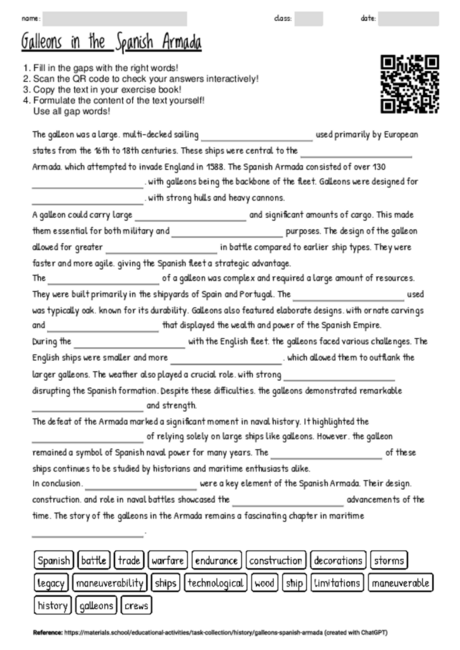 Worksheet with the topic "Galleons in the Spanish Armada" | MATERIALS ...