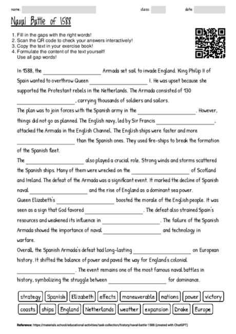 Worksheet with the topic "Naval Battle of 1588" | MATERIALS.SCHOOL