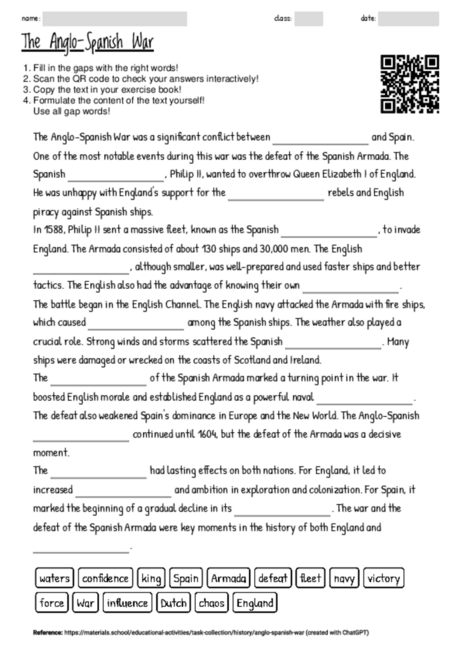 Worksheet with the topic "The Anglo-Spanish War" | MATERIALS.SCHOOL