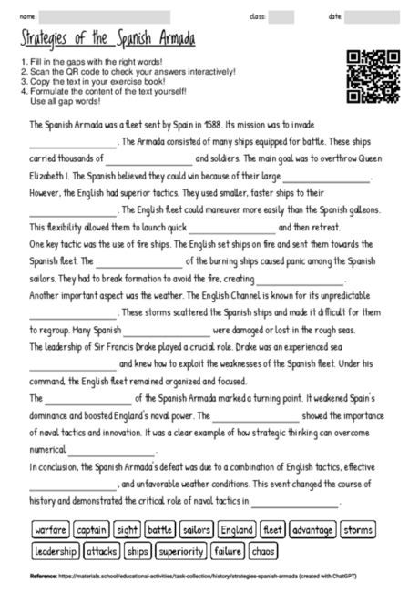 Worksheet with the topic "Strategies of the Spanish Armada" | MATERIALS ...