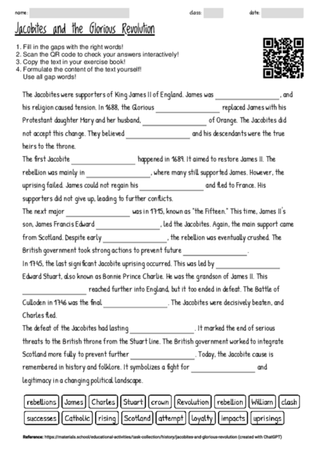 Worksheet with the topic "Jacobites and the Glorious Revolution ...