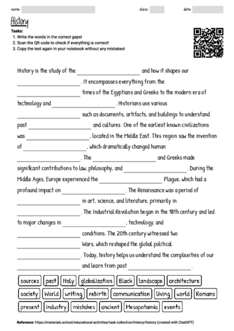 Worksheet with the topic "History" | MATERIALS.SCHOOL