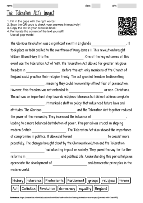 Worksheet with the topic "The Toleration Act's Impact" | MATERIALS.SCHOOL
