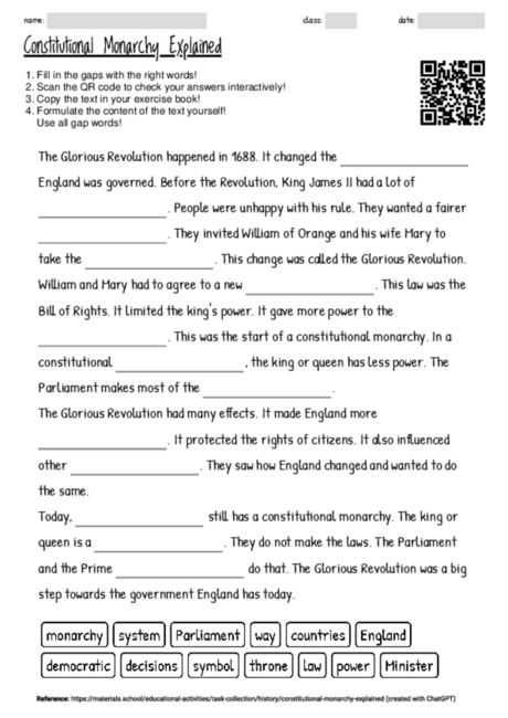 Worksheet with the topic "Constitutional Monarchy Explained ...