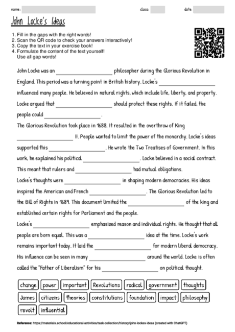 Worksheet with the topic "John Locke's Ideas" | MATERIALS.SCHOOL