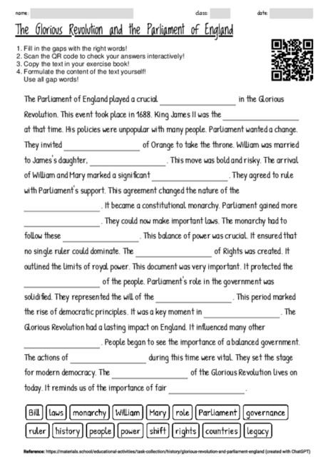 Worksheet with the topic "The Glorious Revolution and the Parliament of ...