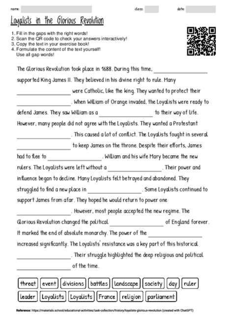 Worksheet with the topic "Loyalists in the Glorious Revolution ...