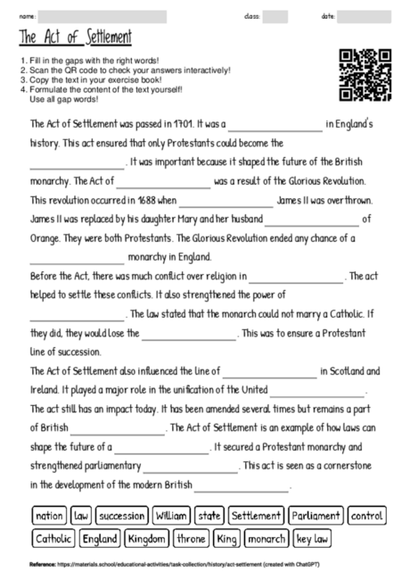Worksheet with the topic "The Act of Settlement" | MATERIALS.SCHOOL