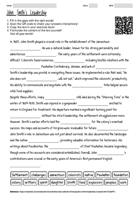 Worksheet with the topic "John Smith's Leadership" | MATERIALS.SCHOOL
