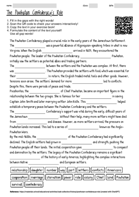 Worksheet with the topic "The Powhatan Confederacy's Role" | MATERIALS ...