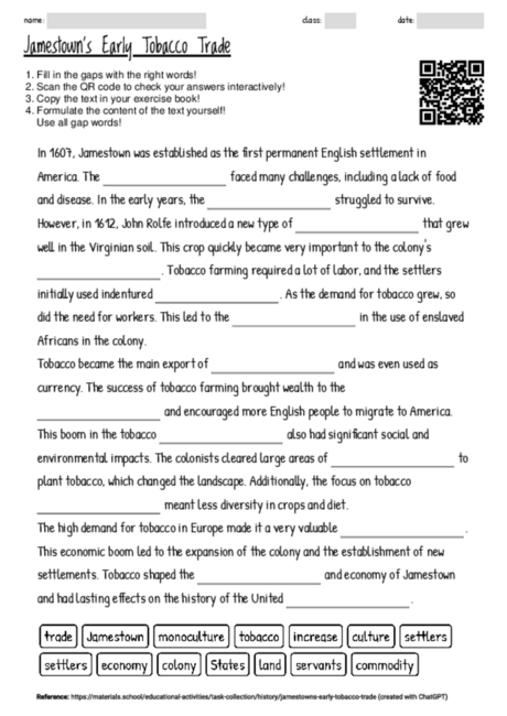 Worksheet with the topic "Jamestown's Early Tobacco Trade" | MATERIALS ...
