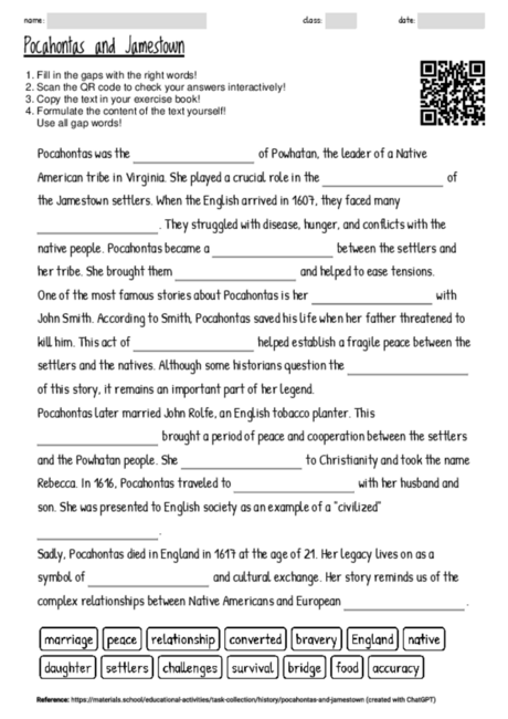 Worksheet with the topic "Pocahontas and Jamestown" | MATERIALS.SCHOOL