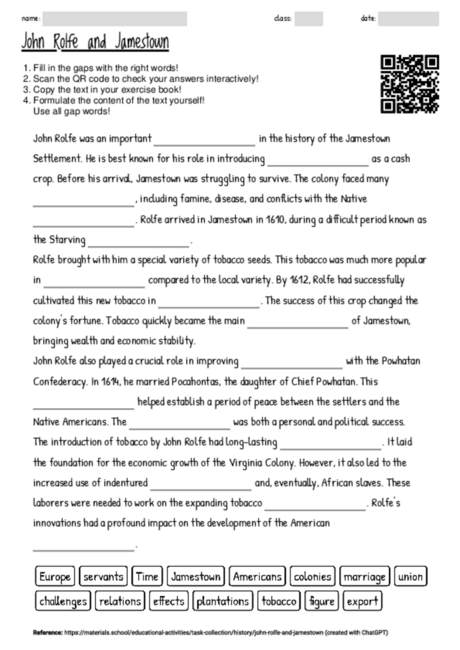 Worksheet with the topic "John Rolfe and Jamestown" | MATERIALS.SCHOOL