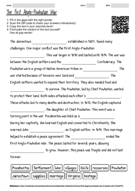 Worksheet with the topic "The First Anglo-Powhatan War" | MATERIALS.SCHOOL