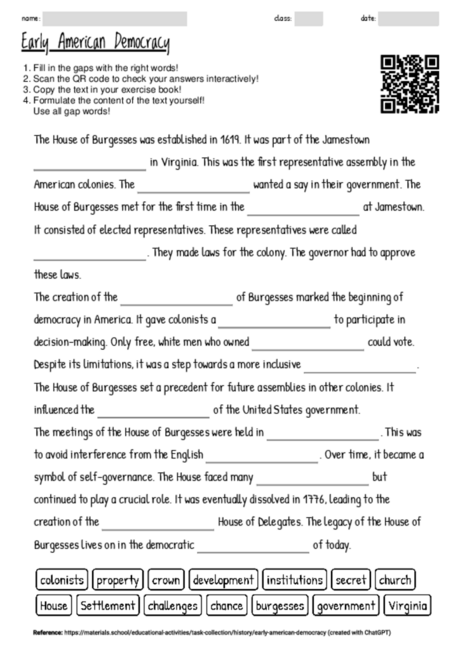 Worksheet with the topic "Early American Democracy" | MATERIALS.SCHOOL