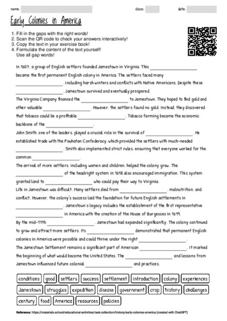 Worksheet with the topic "Early Colonies in America" | MATERIALS.SCHOOL