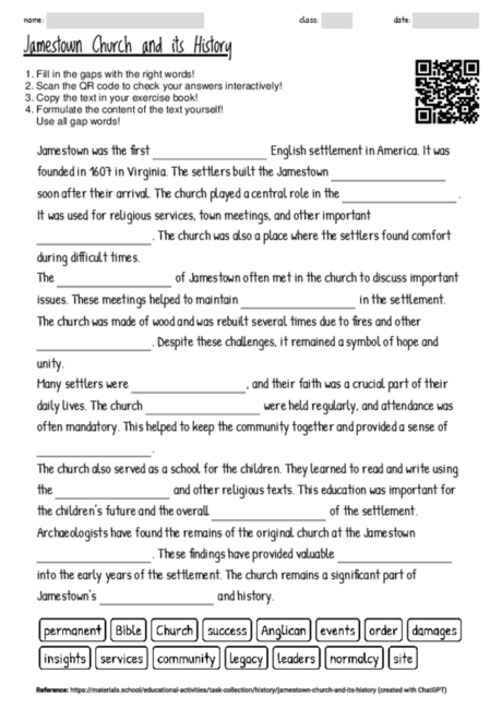 Worksheet with the topic "Jamestown Church and its History" | MATERIALS ...