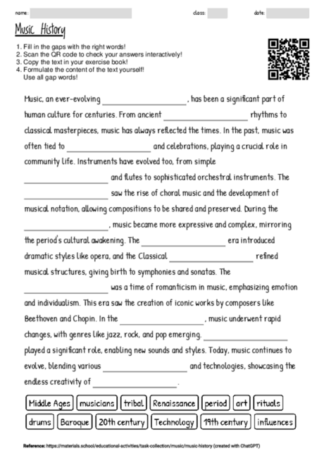Worksheet with the topic "Music History" | MATERIALS.SCHOOL