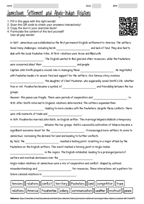 Worksheet with the topic "Jamestown Settlement and Anglo-Indian ...