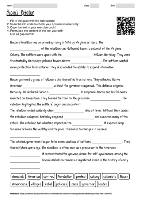 Worksheet with the topic "Bacon's Rebellion" | MATERIALS.SCHOOL