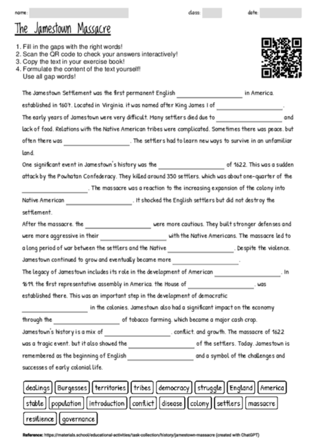 Worksheet with the topic "The Jamestown Massacre" | MATERIALS.SCHOOL