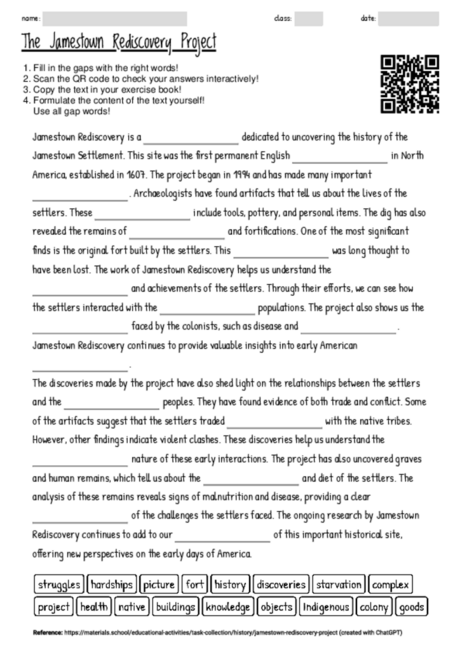 Worksheet with the topic "The Jamestown Rediscovery Project ...