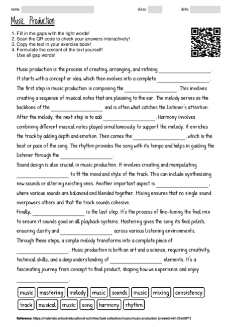 Worksheet with the topic "Music Production" | MATERIALS.SCHOOL