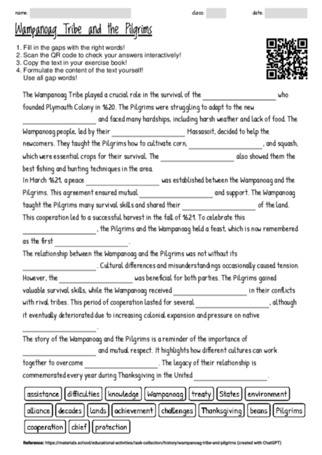 Worksheet with the topic "Wampanoag Tribe and the Pilgrims" | MATERIALS ...