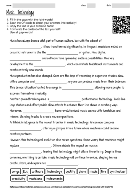 Worksheet with the topic "Music Technology" | MATERIALS.SCHOOL
